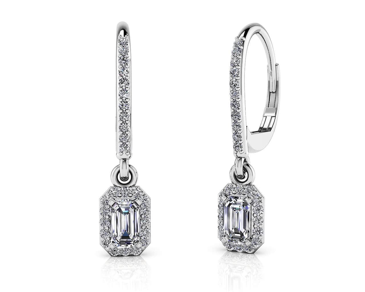 Romantic Emerald Cut Diamond Drop Earrings Available In Gold Or Platinum